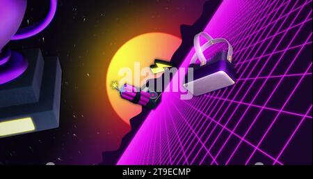 Image of gaming features and equipment with sunset and grid on black ...