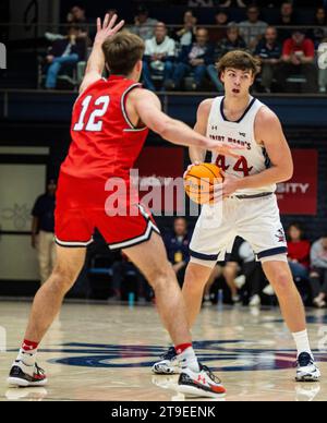 Saint Mary's guard Alex Ducas (44) reacts after a 3-point basket against BYU during the second ...