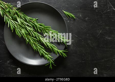 Branches of fresh rosemary on a gray concrete background. Copy space ...