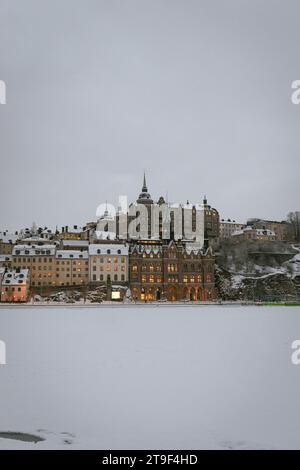 Stockholm skyline evening snow view through glass christmas ball bright ...