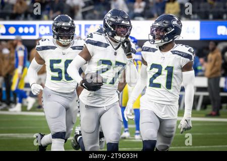 Seattle Seahawks cornerback Riq Woolen (27) arrives before an NFL ...