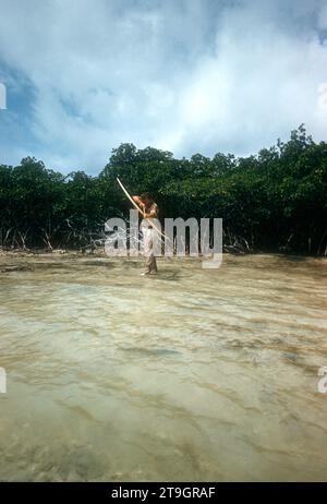 BAHAMAS - APRIL 7: Colyn Rees gets ready to strike with his bow and ...