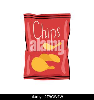 Hand drawn packaged snack chips color element. Cartoon Ultra processed ...