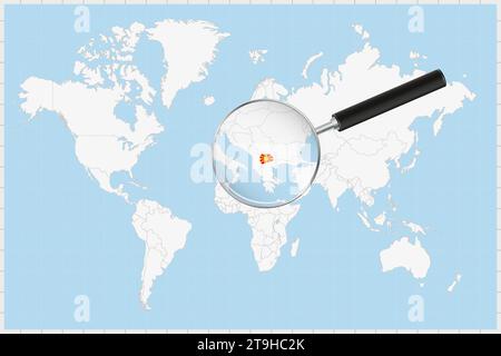 Magnifying glass showing a map of North Carolina on a world map. North Carolina flag and map ...