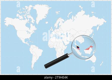 Malaysia map with flag in magnifying glass on transparent background. Vector loupe with map ...