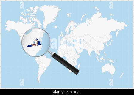 Magnifying glass showing a map of North Macedonia on a world map. North ...