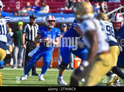 November 25, 2023: SMU Mustangs quarterback Preston Stone examines ...
