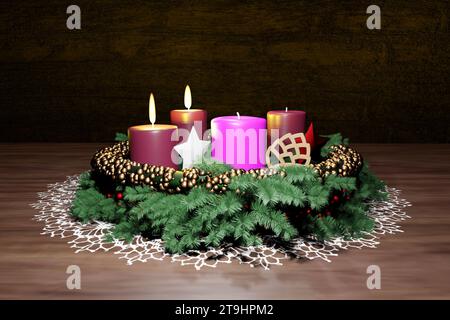 Second Advent, wreath with two burning white candle and green Christmas ...