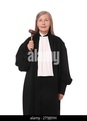 Beautiful senior judge with gavel on white background Stock Photo - Alamy