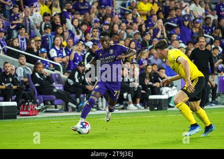 Orlando City forward Iván Angulo, right, is defended by Inter Miami ...