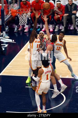 Atlanta Hawks forward Corey Kispert warms up before an NBA basketball ...