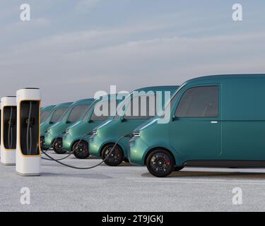 Fleet of Electric Delivery Vans charging in charging station. Generic ...