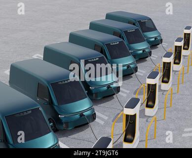 Fleet of Electric Delivery Vans charging in charging station. Generic ...