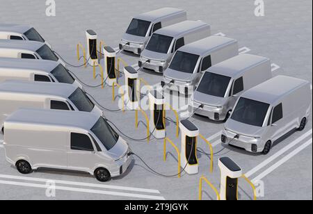 Fleet of Electric Delivery Vans charging in charging station. Generic ...
