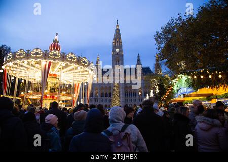 Traditional merry-go-round at Wiener Christkindlmarkt, Rathaus Platz ...