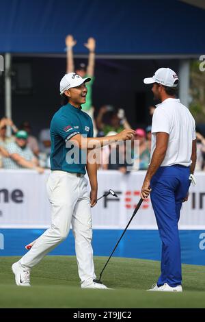 Min Woo Lee of Australia reacts after finishing two under in in round ...