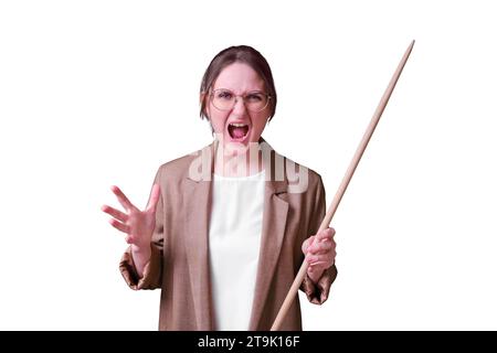 Angry screaming female teacher with pointer on studio blue background ...