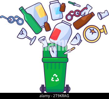 Old unwanted broken glass bottles fall into open trash can. Heap of ...