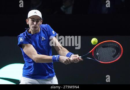 Italy's Matteo Arnaldi in action during the Davis Cup 2023 final match at the Palacio de ...