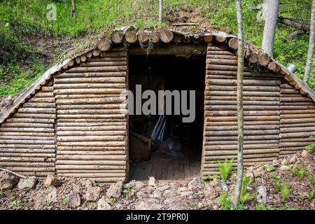 Forest hut built for living in the forest during a hike Stock Photo - Alamy