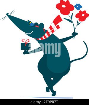 cute mouse or rat with gift present box merry christmas happy new year ...