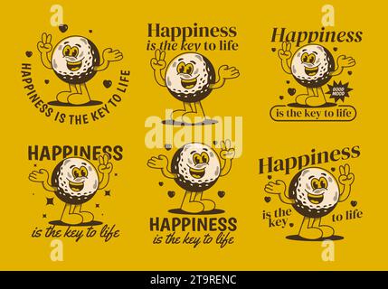 Happiness is the key to life. Vintage mascot character illustration of ...