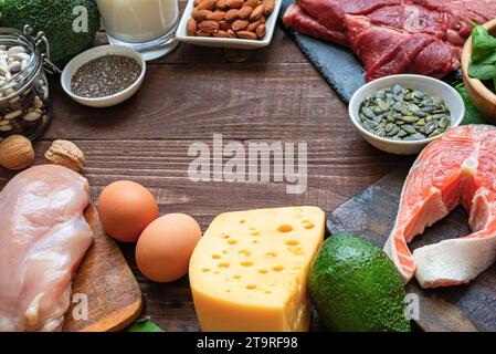 Frame made of high protein food sources. Fish, meat, poultry, nuts ...