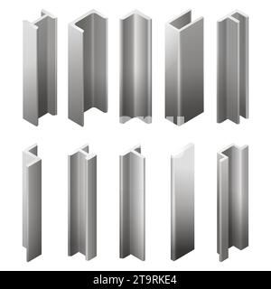 Iron profile mockup, metal beam construction set isolated on white ...