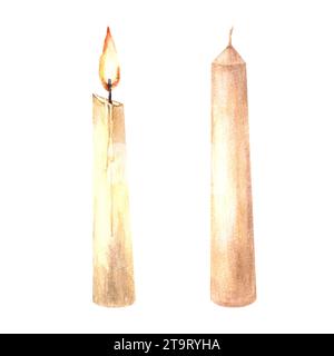 Watercolor set of burning and extinguished white end red wax candles ...