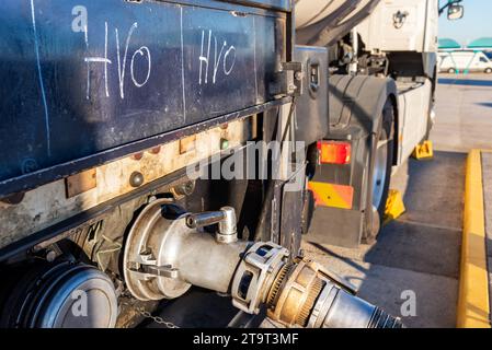 Fuel tanker truck unloading the new 100% renewable diesel fuel called ...
