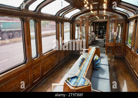 Blue Perurail Train Observation Car standing in Cusco Station. Cusco ...