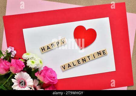 Happy Valentine day composition on white wooden background Stock Photo ...