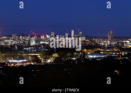 A distant view of the skyline of Leeds City Centre,West Yorkshire,UK ...