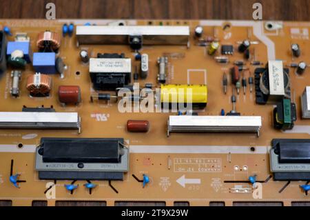 interior of LCD TV Television main board power circuit, wires ...