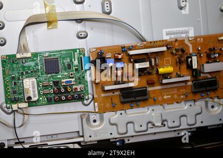 interior of LCD TV Television main board power circuit, wires ...