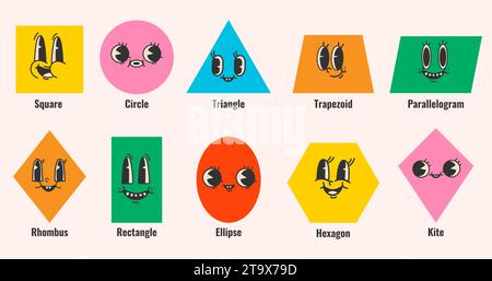 Geometric shapes with emotions. Abstract basic shapes expressing happiness, anger and sadness ...