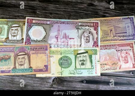 Old Saudi Arabia riyals money banknote bills of different eras from the ...