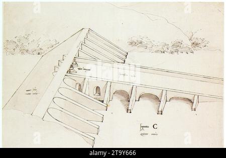 Baldassarre Peruzzi. Projet de digue. Barrage concave du coté du bassin ...