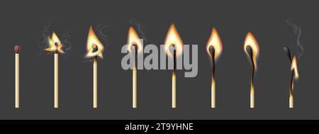 Burning match animation. Matchstick burnout stages, sequence steps of ...