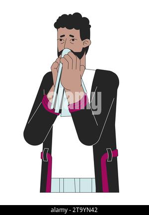 Allergy sniffing man african american bearded black and white 2D line ...