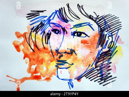 art copic marker man face drawing sketch on watercolor background Stock ...