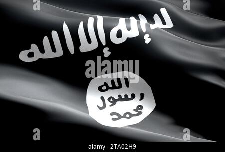 waving fabric flag of isis of the islamic arab state isil of iraq and ...