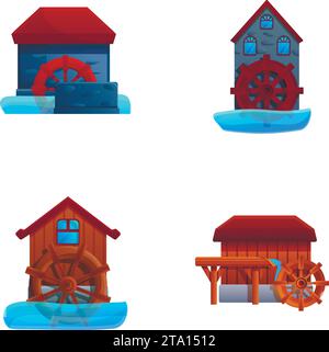 Old watermill icons set cartoon vector. Wooden structure uses river ...
