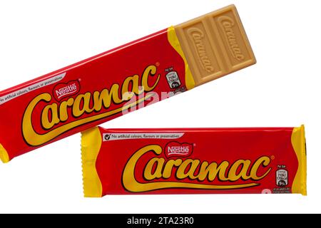 bar of Nestle Caramac chocolate opened to show contents isolated on ...