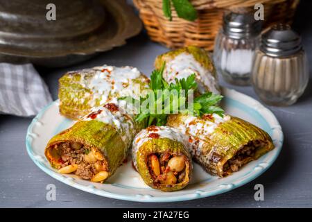 Traditional Turkish dishes; stuffed zucchini (kousa mahshi) meat ...