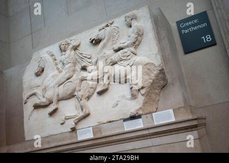 Marble metopes from the Parthenon in British Museum, London Stock Photo ...