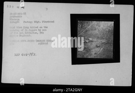 The photograph shows a Viet Cong fighter killed on August 11, 1966, by ...