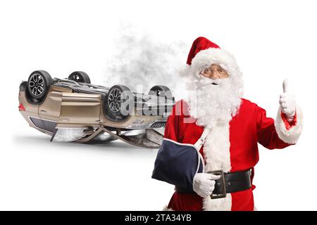 Santa claus with a car crash injury gesturing thumbs up isolated on ...