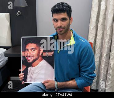 Ilay David, brother of hostage Evyatar David, speaking at the Embassy ...