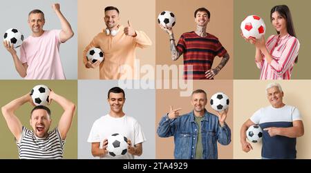 Collage of people with soccer balls on color background Stock Photo - Alamy